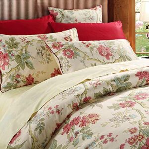 mixinni Red Floral Duvet Cover Queen Green Leaves Pattern Bedding Duvet Cover Set with Zipper Closure 4 Corner Ties for Him and Her-(3pcs, Queen Size)