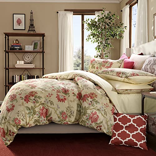 mixinni Red Floral Duvet Cover Queen Green Leaves Pattern Bedding Duvet Cover Set with Zipper Closure 4 Corner Ties for Him and Her-(3pcs, Queen Size)