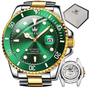 OLEVS Automatic Watches for Men Self Winding Submariner Green Face Watch Men Luxury Watches Stainless Steel Two Tone Watches Big Face Mechanical Men's Wrist Watches relojes de Hombre