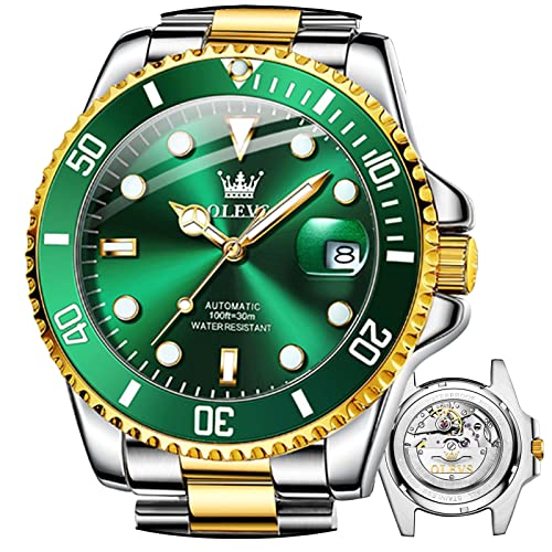 OLEVS Automatic Watches for Men Self Winding Submariner Green Face Watch Men Luxury Watches Stainless Steel Two Tone Watches Big Face Mechanical Men's Wrist Watches relojes de Hombre