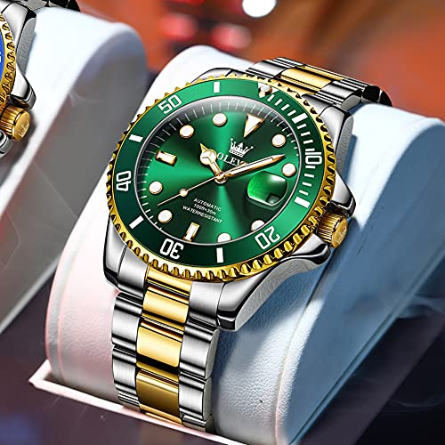 OLEVS Automatic Watches for Men Self Winding Submariner Green Face Watch Men Luxury Watches Stainless Steel Two Tone Watches Big Face Mechanical Men's Wrist Watches relojes de Hombre