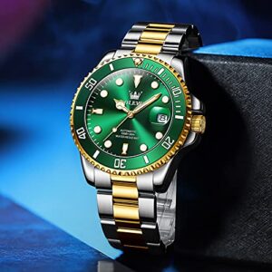 OLEVS Automatic Watches for Men Self Winding Submariner Green Face Watch Men Luxury Watches Stainless Steel Two Tone Watches Big Face Mechanical Men's Wrist Watches relojes de Hombre