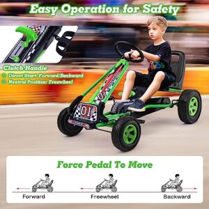 HONEY JOY Go Kart for Kids, 4 Wheel Quad Off-Road Pedal On Foot Go Cart w/Steering Wheels & Adjustable Seat, 2 Safety Brakes, EVA Rubber Tires, Clutch, Outdoor Racer Ride On Pedal Car (Green)