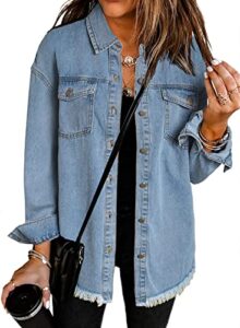 dokotoo women's washed boyfriend oversized lapel button up long sleeve denim trucker jacket distressed ripped denim jackets fashion distressed jean jacket for women with pockets, (us 8-10) m,sky blue