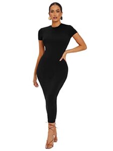 verdusa women's round neck cap sleeve solid long pencil bodycon dress black s