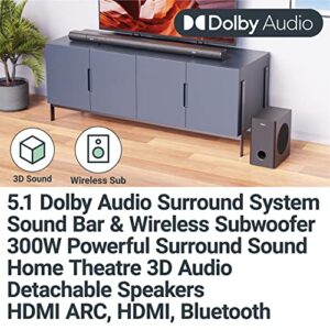 Majority Everest 5.1 Dolby Audio Surround Sound System with Sound Bar | Wireless Subwoofer I 300W Powerful Surround Sound | Home Theatre 3D Audio with Detachable Speakers | HDMI ARC, HDMI, Bluetooth