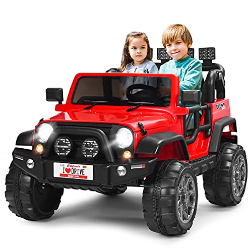 HONEY JOY 2 Seat Ride On Truck, 12V Off-Road Ride On Car with Remote Control, Slow Start, Spring Suspension, LED Lights, Music, 3 Speeds, Battery Powered Electric Vehicle for Two Kids(Red)