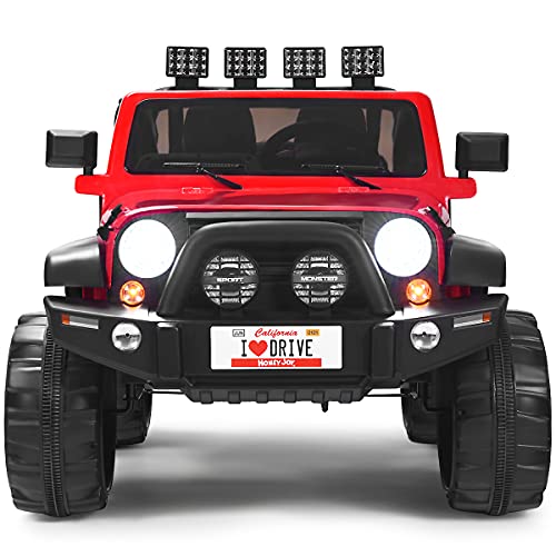 HONEY JOY 2 Seat Ride On Truck, 12V Off-Road Ride On Car with Remote Control, Slow Start, Spring Suspension, LED Lights, Music, 3 Speeds, Battery Powered Electric Vehicle for Two Kids(Red)