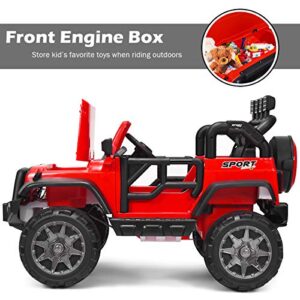 HONEY JOY 2 Seat Ride On Truck, 12V Off-Road Ride On Car with Remote Control, Slow Start, Spring Suspension, LED Lights, Music, 3 Speeds, Battery Powered Electric Vehicle for Two Kids(Red)