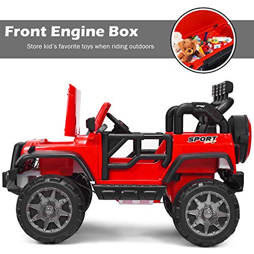 HONEY JOY 2 Seat Ride On Truck, 12V Off-Road Ride On Car with Remote Control, Slow Start, Spring Suspension, LED Lights, Music, 3 Speeds, Battery Powered Electric Vehicle for Two Kids(Red)