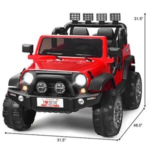 HONEY JOY 2 Seat Ride On Truck, 12V Off-Road Ride On Car with Remote Control, Slow Start, Spring Suspension, LED Lights, Music, 3 Speeds, Battery Powered Electric Vehicle for Two Kids(Red)