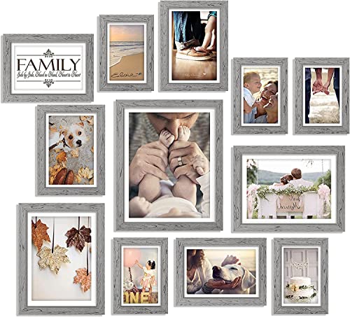 HAMITOR Picture Frames Set for Wall Decor- 12 Pack Gallery Wall Frames Set, Collage Photo Frames Wall Mounting Including One 8x10 / Four 5x7 / Five 4x6 / Two 6x8 Inch- Rustic Gray