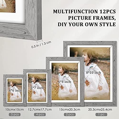 HAMITOR Picture Frames Set for Wall Decor- 12 Pack Gallery Wall Frames Set, Collage Photo Frames Wall Mounting Including One 8x10 / Four 5x7 / Five 4x6 / Two 6x8 Inch- Rustic Gray