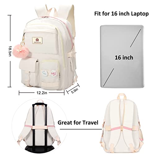 HIDDS Laptop Backpacks 15.6 Inch School Bag College Backpack Anti Theft Travel Daypack Large Bookbags for Teens Girls Women Students (Off-white)