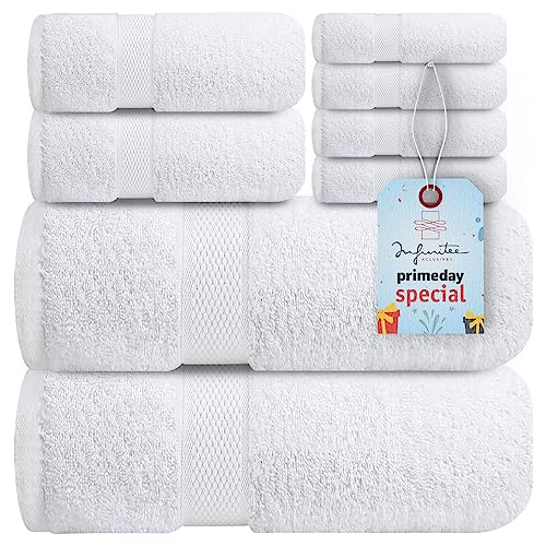 Infinitee Xclusives Premium White Bath Towel Set for Bathroom - [Pack of 8] 100% Cotton Bathroom Towel Set - 2 Bath Towels, 2 Hand Towels and 4 Washcloths