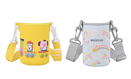 2Pack-Children's Water Bottle Carrier, Protect and insulate your water bottle, With adjustable straps, Suitable for most children's water bottles - Unicorn + Animal