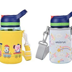 2Pack-Children's Water Bottle Carrier, Protect and insulate your water bottle, With adjustable straps, Suitable for most children's water bottles - Unicorn + Animal