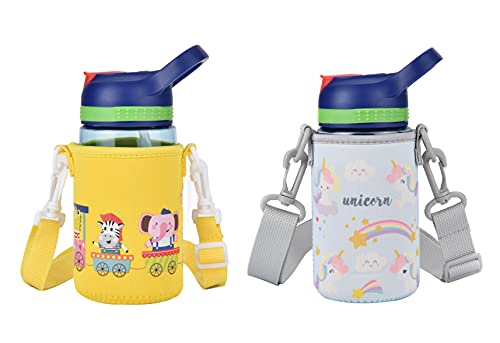 2Pack-Children's Water Bottle Carrier, Protect and insulate your water bottle, With adjustable straps, Suitable for most children's water bottles - Unicorn + Animal