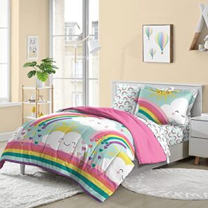 dream factory kids 5-piece complete bed set easy-wash super soft microfiber comforter bedding, twin, teal rainbow flare, (2d872501te)