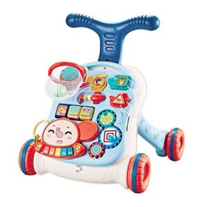 baby learning walker sit-to-stand baby walker with wheels entertainment table kids early educational activity center, baby push walkers for boys and girls (blue white)