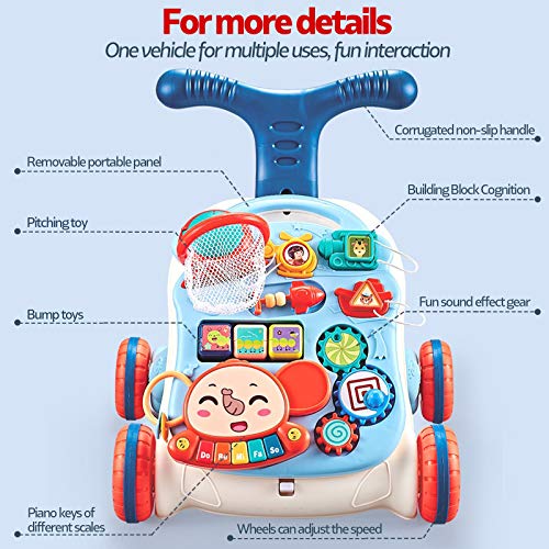 Baby Learning Walker Sit-to-Stand Baby Walker with Wheels Entertainment Table Kids Early Educational Activity Center, Baby Push Walkers for Boys and Girls (Blue White)