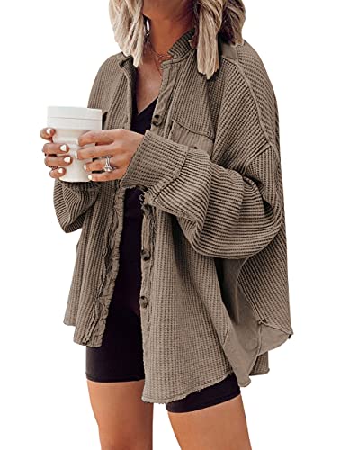 chouyatou Women's Loose Fit Batwing Sleeve Waffle Knit Button Down Shirt Shacket Tops (Large, Coffee)