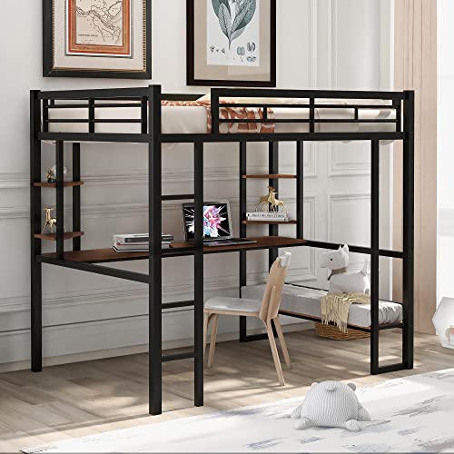 SOFTSEA Full Metal Loft Bed with Desk and Bookcase,Kid’s Industrial Style Loft Bed Full Size for Dorm Bedroom(Full,Black)