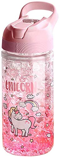 ANNAKIKI Unicorn Water Bottles for Girls, Cute Girls Water Bottles for School, Girls Unicorn Water Bottle with Straw and Safety lock, 400ML/13.5oz Kids Water Bottles for School Kids Girls, Pink