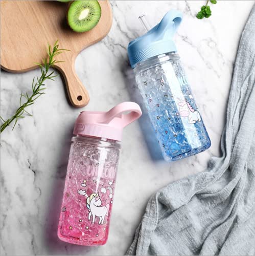 ANNAKIKI Unicorn Water Bottles for Girls, Cute Girls Water Bottles for School, Girls Unicorn Water Bottle with Straw and Safety lock, 400ML/13.5oz Kids Water Bottles for School Kids Girls, Pink