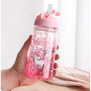 ANNAKIKI Unicorn Water Bottles for Girls, Cute Girls Water Bottles for School, Girls Unicorn Water Bottle with Straw and Safety lock, 400ML/13.5oz Kids Water Bottles for School Kids Girls, Pink