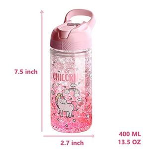 ANNAKIKI Unicorn Water Bottles for Girls, Cute Girls Water Bottles for School, Girls Unicorn Water Bottle with Straw and Safety lock, 400ML/13.5oz Kids Water Bottles for School Kids Girls, Pink