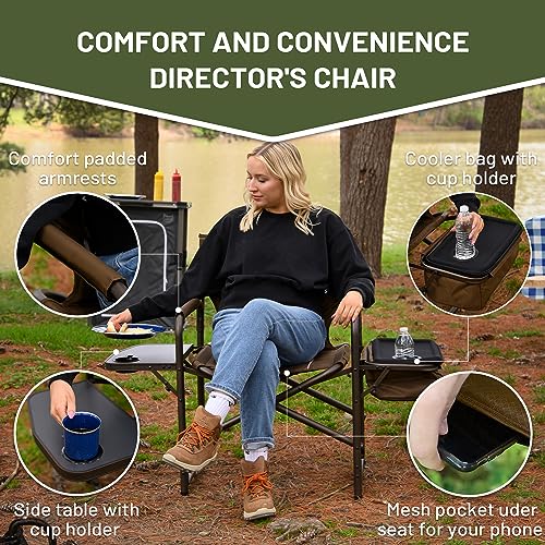 TIMBER RIDGE Lightweight Camping, Portable Laurel Director's Side Table, Cooler Bag & Mesh Pocket Compact Outdoor Folding Lawn Chair, Supports 300lbs, Earth Brown