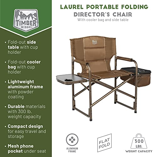 TIMBER RIDGE Lightweight Camping, Portable Laurel Director's Side Table, Cooler Bag & Mesh Pocket Compact Outdoor Folding Lawn Chair, Supports 300lbs, Earth Brown