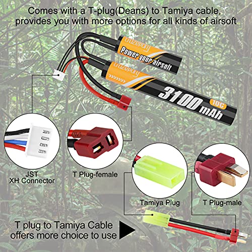 Crazepony Airsoft Battery 11.1v Nunchuck - 3100mAh Mini Rechargeable Tactical Aeg M4 Ak47 Small Lithium Ion Batteries with Deans to Tamiya for Airsoft Rifle