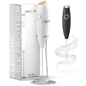 milk frother white - coffee frother handheld with electric whisk - 19000 rpm - book recipes and stainless steel stand included - hand mixer electric (white and gold)