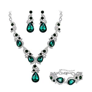 brilove wedding bridal jewelry for women multi teardrop cluster crystal statement necklace dangle earrings link bracelet set emerald color silver-tone