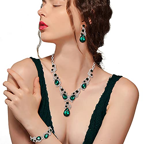 BriLove Wedding Bridal Jewelry for Women Multi Teardrop Cluster Crystal Statement Necklace Dangle Earrings Link Bracelet Set Emerald Color Silver-Tone