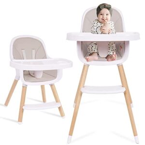 baby high chair, 3-in-1 convertible wooden high chair with adjustable legs & double dishwasher safe tray, high chairs for babies and toddlers, made of sleek hardwood & premium leatherette