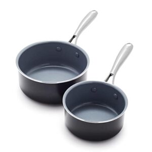 greenpan swift healthy ceramic nonstick, 1qt and 2qt saucepan set, stainless steel handle, pfas-free, dishwasher safe, oven safe, black