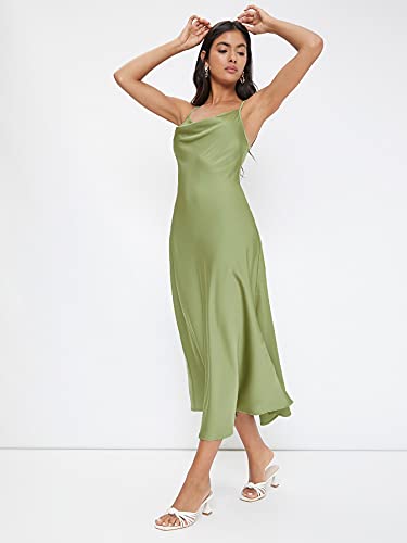 Floerns Women's Spaghetti Strap Cowl Neck Long Slip Satin Silk Midi Dress Green S