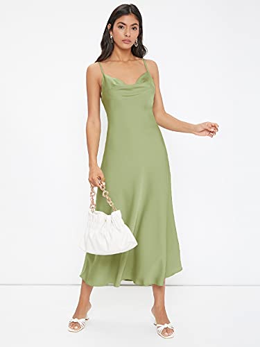 Floerns Women's Spaghetti Strap Cowl Neck Long Slip Satin Silk Midi Dress Green S