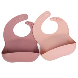 ginbear silicone bibs for babies girl, waterproof baby feeding bibs with food catcher pocket, adjustable silicon bibs for toddlers (mauve/baby pink)