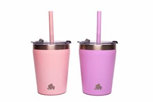 elefant kids & toddler cups (set of 2), stackable stainless steel insulated tumblers with bpa free leak proof lids and reusable silicone straws, elegant, powder coated (pink + purple)