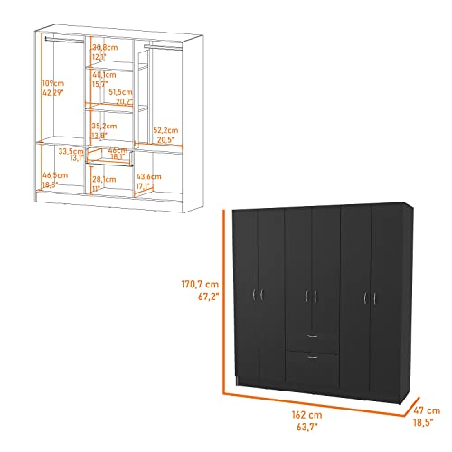 FM FURNITURE Guajira Six Door Armoire, Three Cabinets, Hidden Drawer Shoes,Black/White for Bedroom