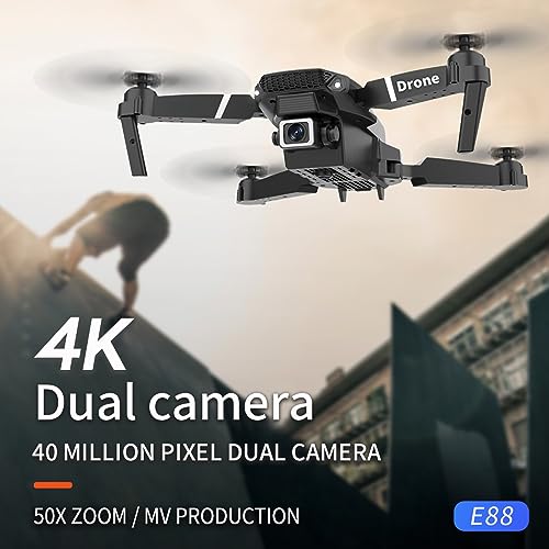 E88 Pro Drone with 4K Camera, WiFi FPV 1080P HD Dual Foldable RC Quadcopter Altitude Hold, Headless Mode, Visual Positioning, Auto Return Mobile App Control, Black, 7.83 x 7.17 x 2.87 inches