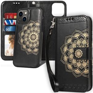 caseowl compatible for iphone 13 wallet case magnetic detachable-2 in 1 mandala embossed flip leather wallet case for women girls [rfid blocking]with card holder, hand strap for iphone 13 2021(black)