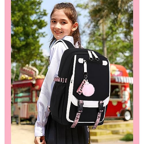 Bevalsa School Backpack for Girls, Girls Backpack with Lunch Box, Bookbag for Girls Kids Elementary Middle School College Student 21L Casual Daypack Children Schoolbag with USB Charging Port (White)