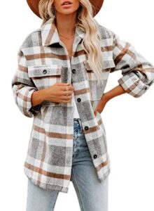 beaully women's brushed plaid shirts long sleeve flannel lapel button down pocketed shacket jacket coats 6017 khaki medium