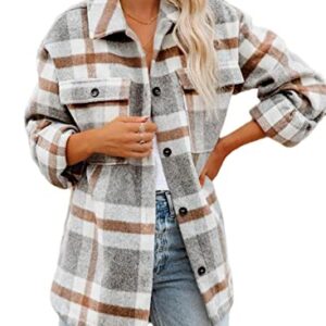 Beaully Women's Brushed Plaid Shirts Long Sleeve Flannel Lapel Button Down Pocketed Shacket Jacket Coats 6017 Khaki Medium