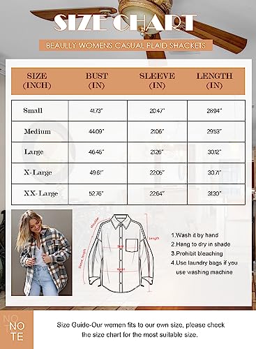 Beaully Women's Brushed Plaid Shirts Long Sleeve Flannel Lapel Button Down Pocketed Shacket Jacket Coats 6017 Khaki Medium